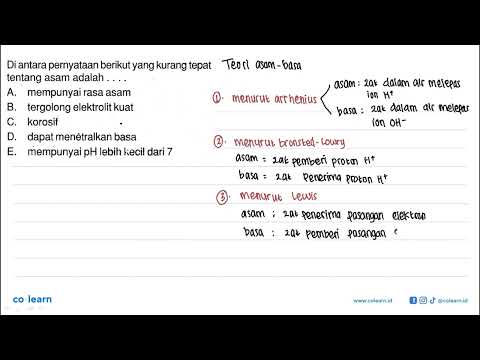 Di antara pernyataan berikut yang kurang tepat tentang asam adalah ....A. mempunyai rasa asam B. ...