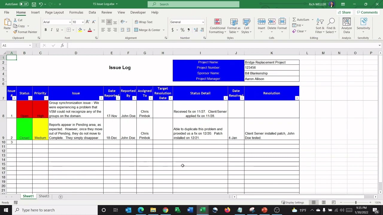 Issue Log Template