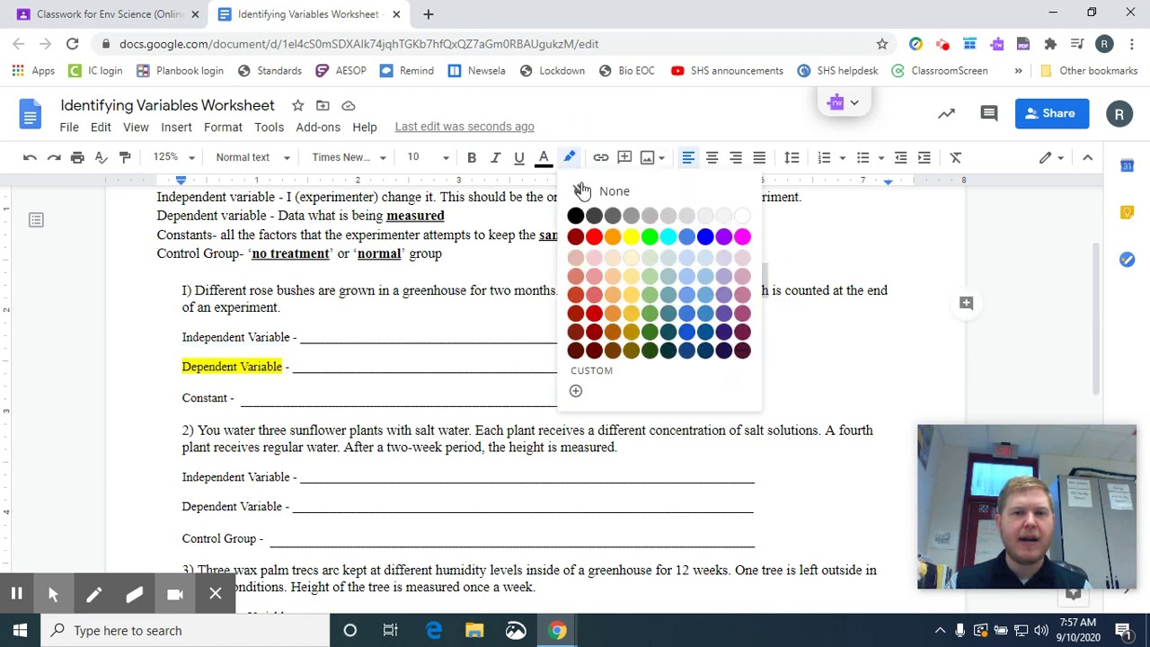 Identifying Variables Worksheet Instructions & Help