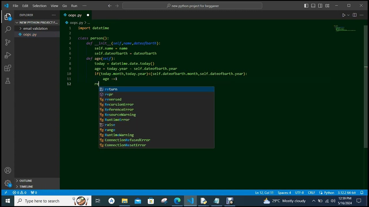 creating a age calculator in object oriented programming using python