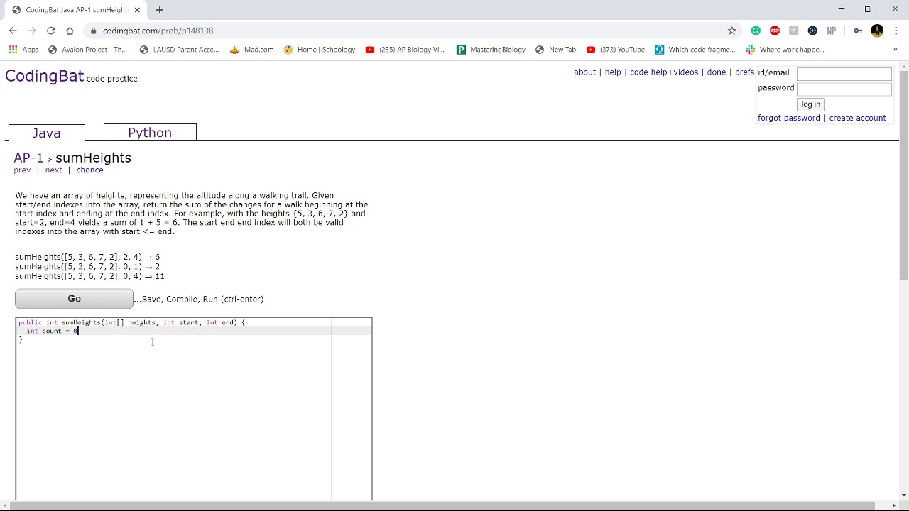 AP-1 (sumHeights) Java Tutorial || Codingbat.com