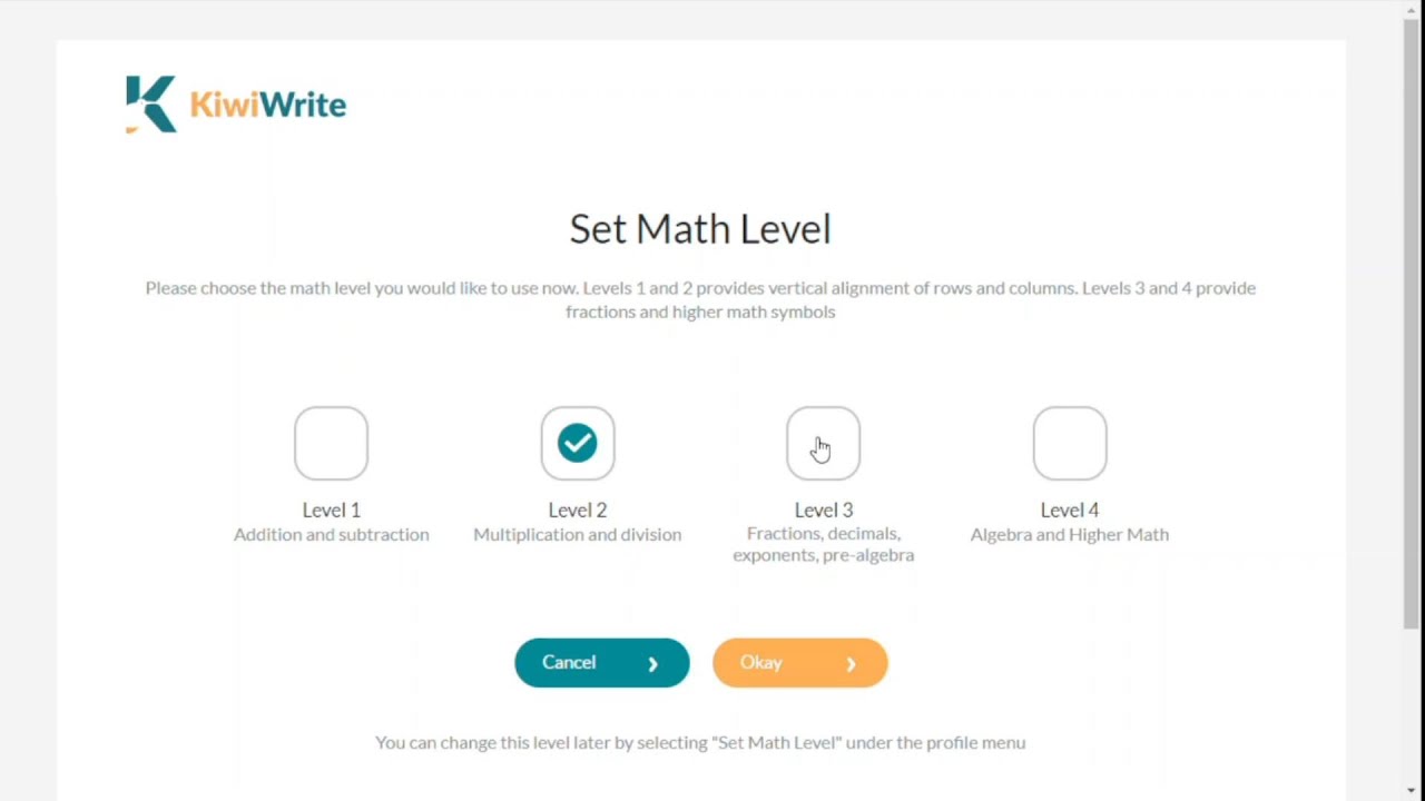 KiwiWrite Math: Change math level example