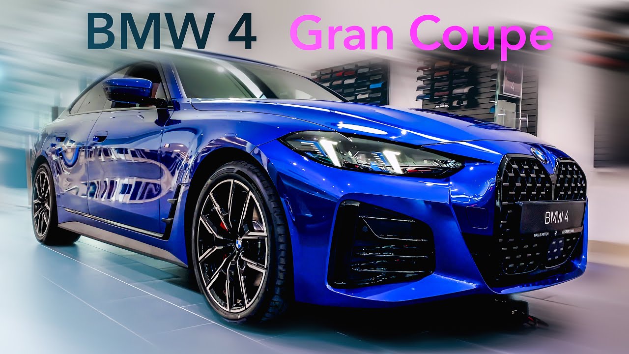 2025 BMW 4 Gran Coupe in Portimao blue and cognac interior. Exterior and interior in details