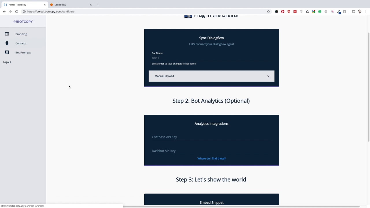 Botcopy walkthrough - Rich web chat for Dialogflow