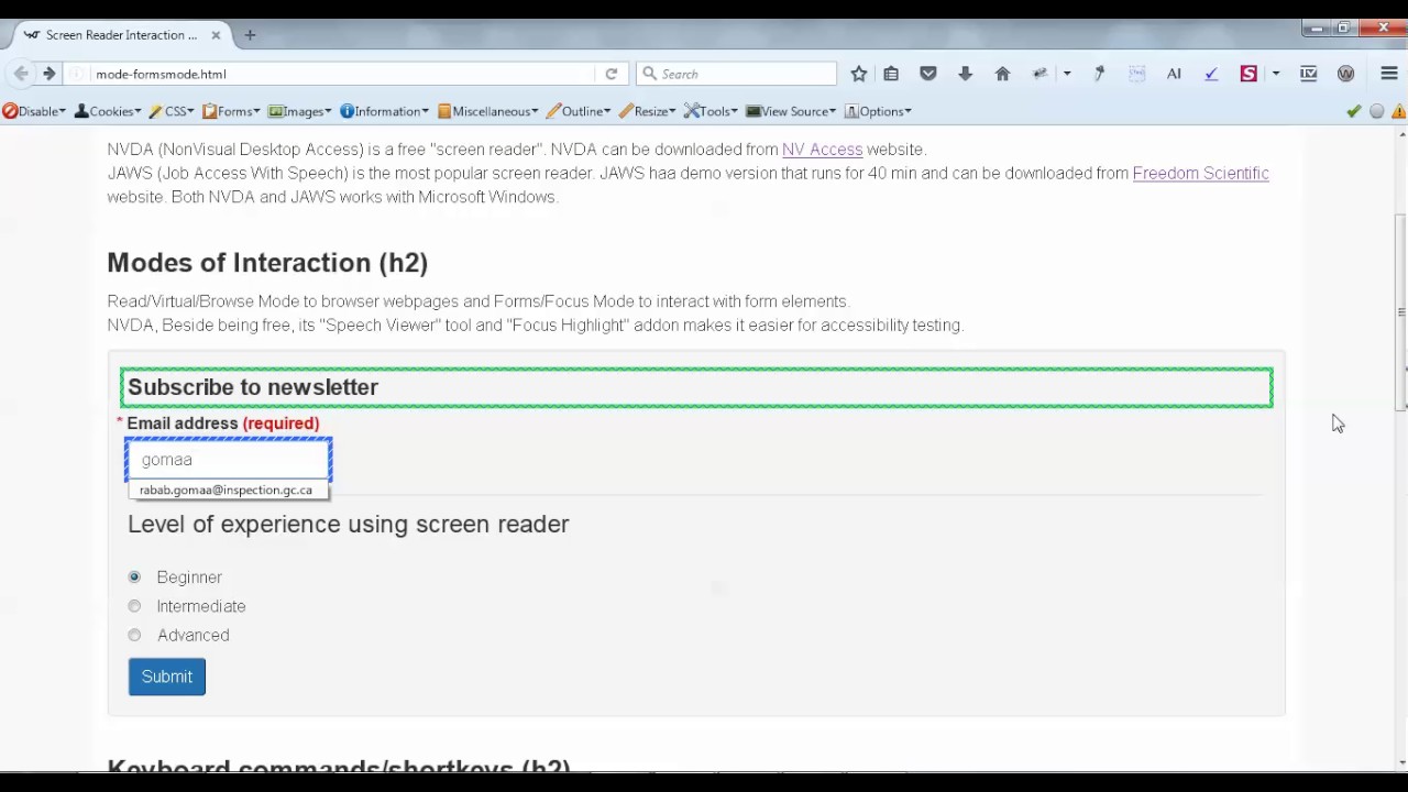 Interaction with form elements using browse & focus modes in NVDA