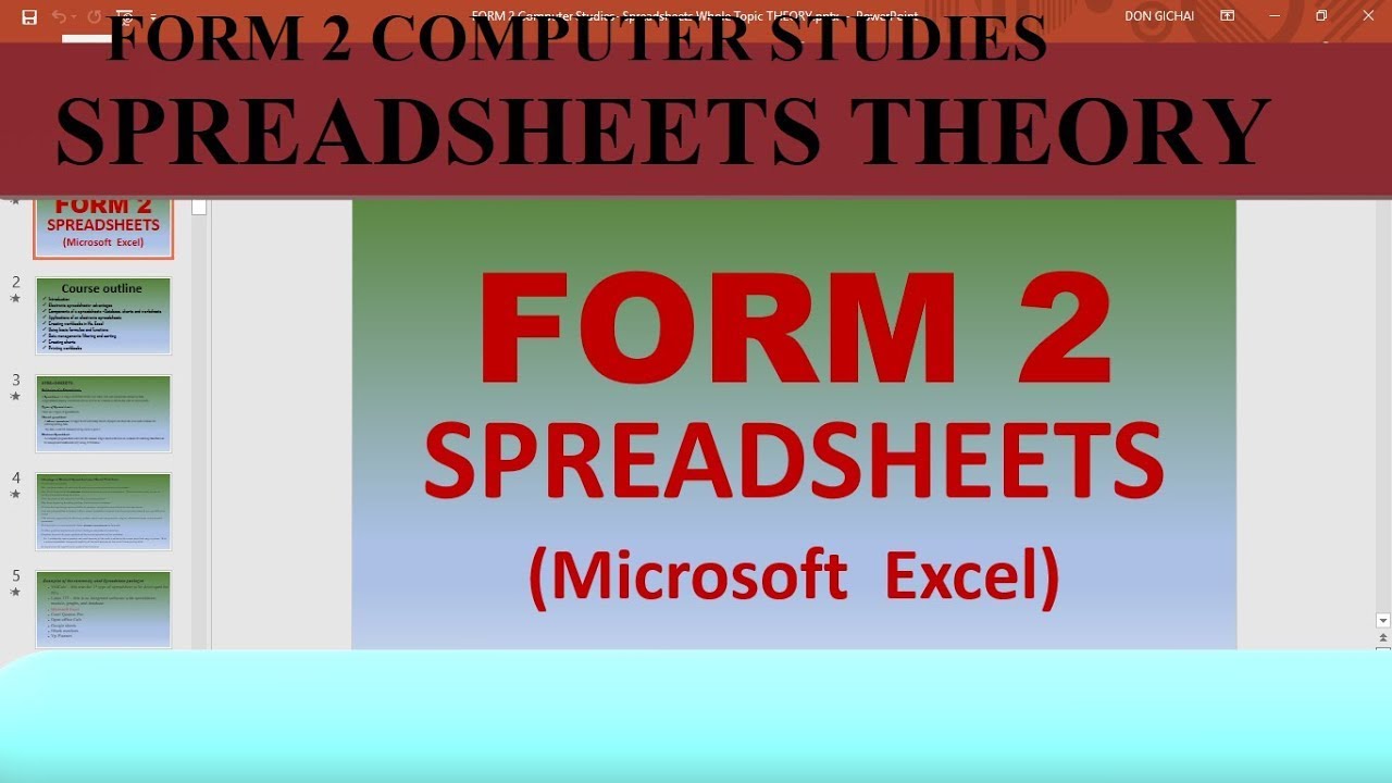Form 2 Spreadsheets | KCSE Syllabus | Computer studies