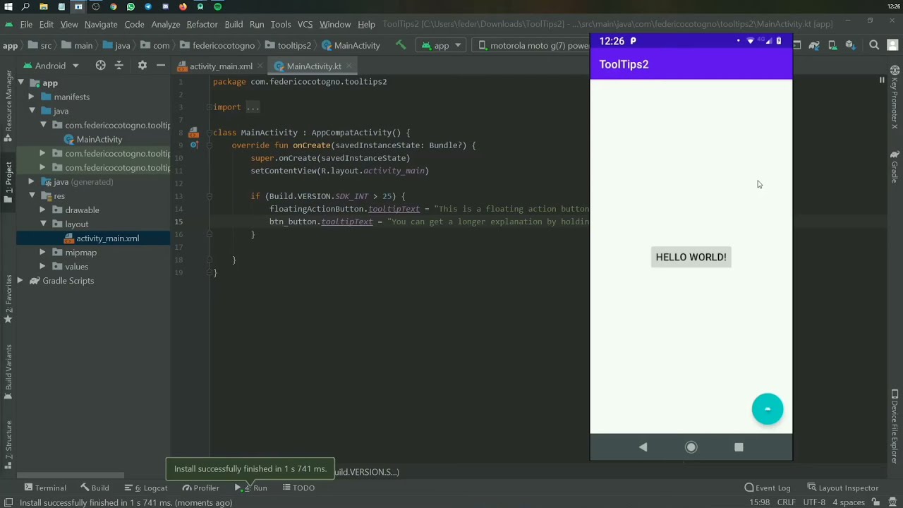 Tooltips in Android Studio Tutorial API level
