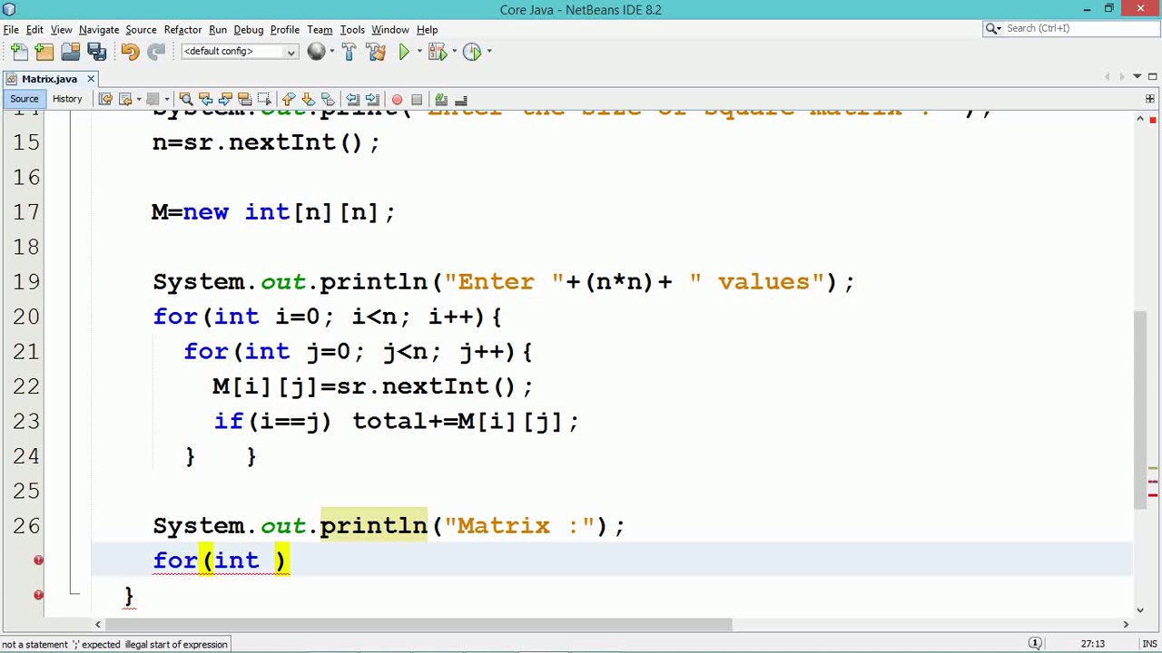 two dimensional (multi dimensional) array in java | sum of diagonal elements of matrix