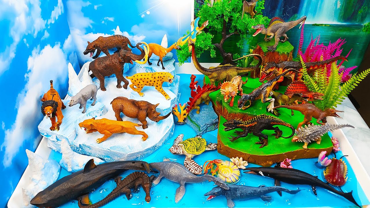 Aprende  DINOSAURIOS y ANIMALES  ERA DE HIELO-Diorama de animales prehistóricos-Nombres de animales