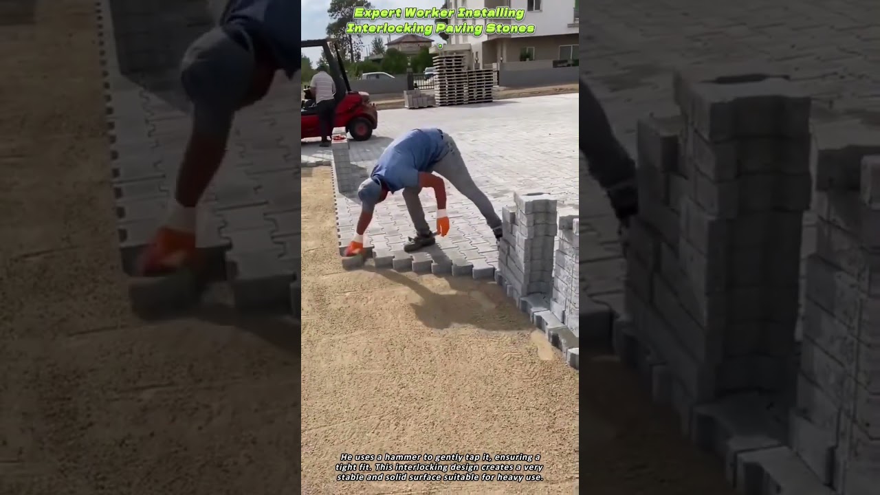Expert Worker Installing Interlocking Paving Stones