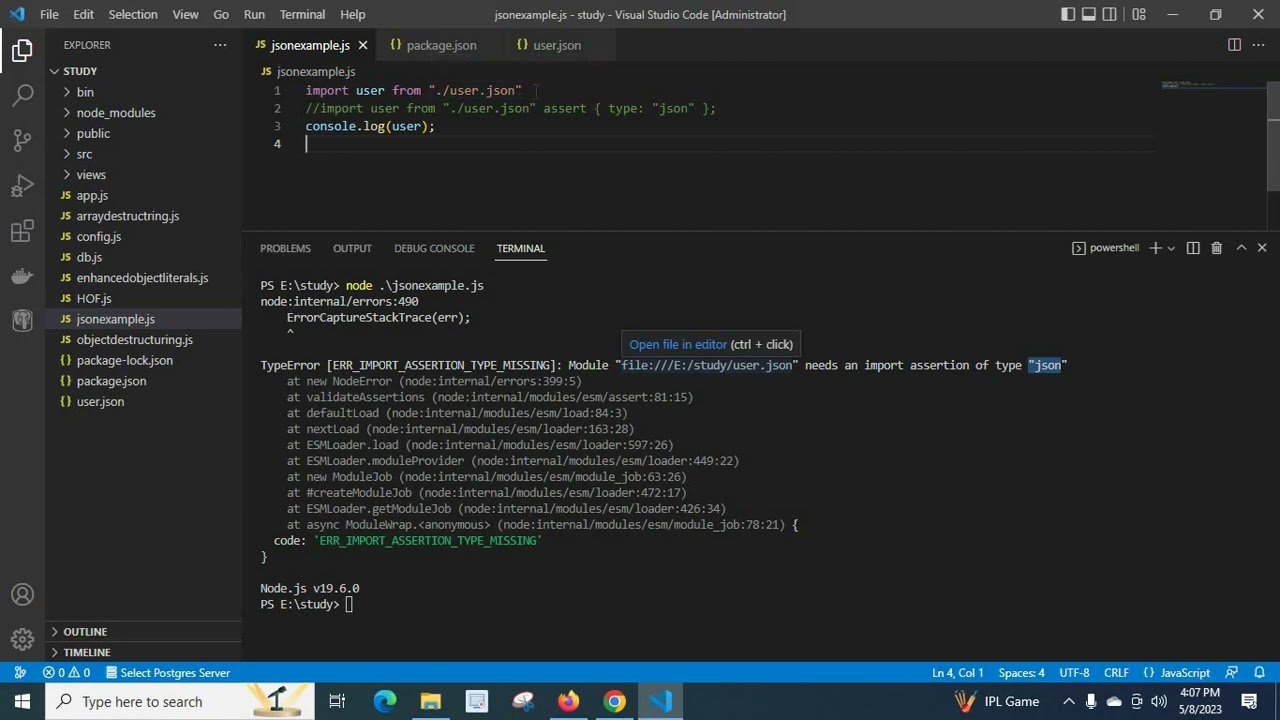TypeError [ERR_IMPORT_ASSERTION_TYPE_MISSING]: Module .json needs an import assertion of type 