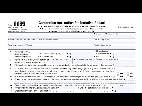 IRS Form 1139 walkthrough (Corporation Application for Tentative Refund)