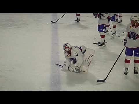 Laval Rocket goalie Michael McNiven stretches during warmup prior to season opening game 10/15/21
