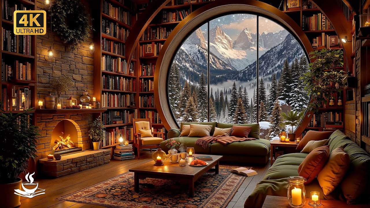 Cozy Library Jazz Nights for Winter Reading ❄️ Relaxing Snowy Ambience & Warm Fireplace Aesthetic