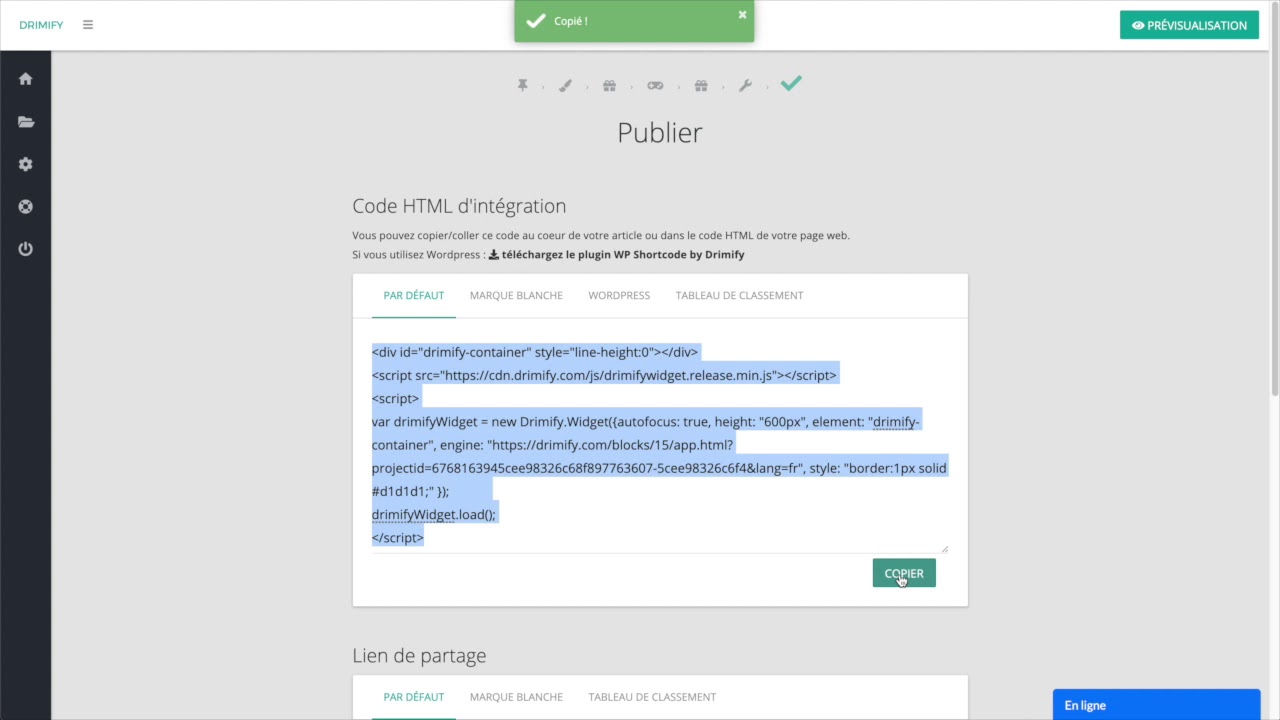 Les options de publication : code d'intégration et lien de partage - Drimify