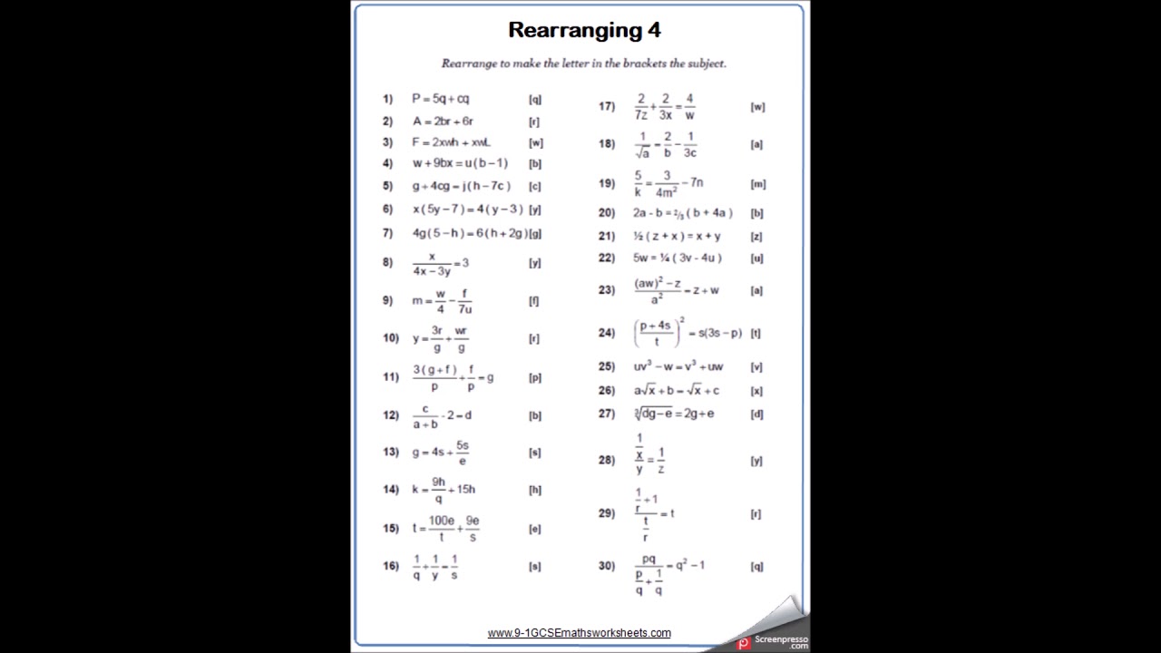 Maths Worksheet Rearranging Formulae