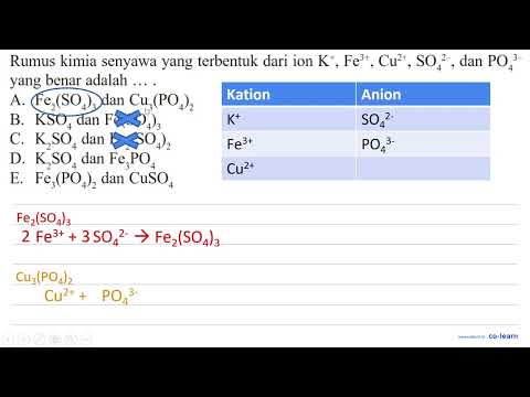 Rumus kimia senyawa yang terbentuk dari ion K^+, Fe^(3+), Cu^(2+), SO4^(2-), dan PO4^(3-) yang ...