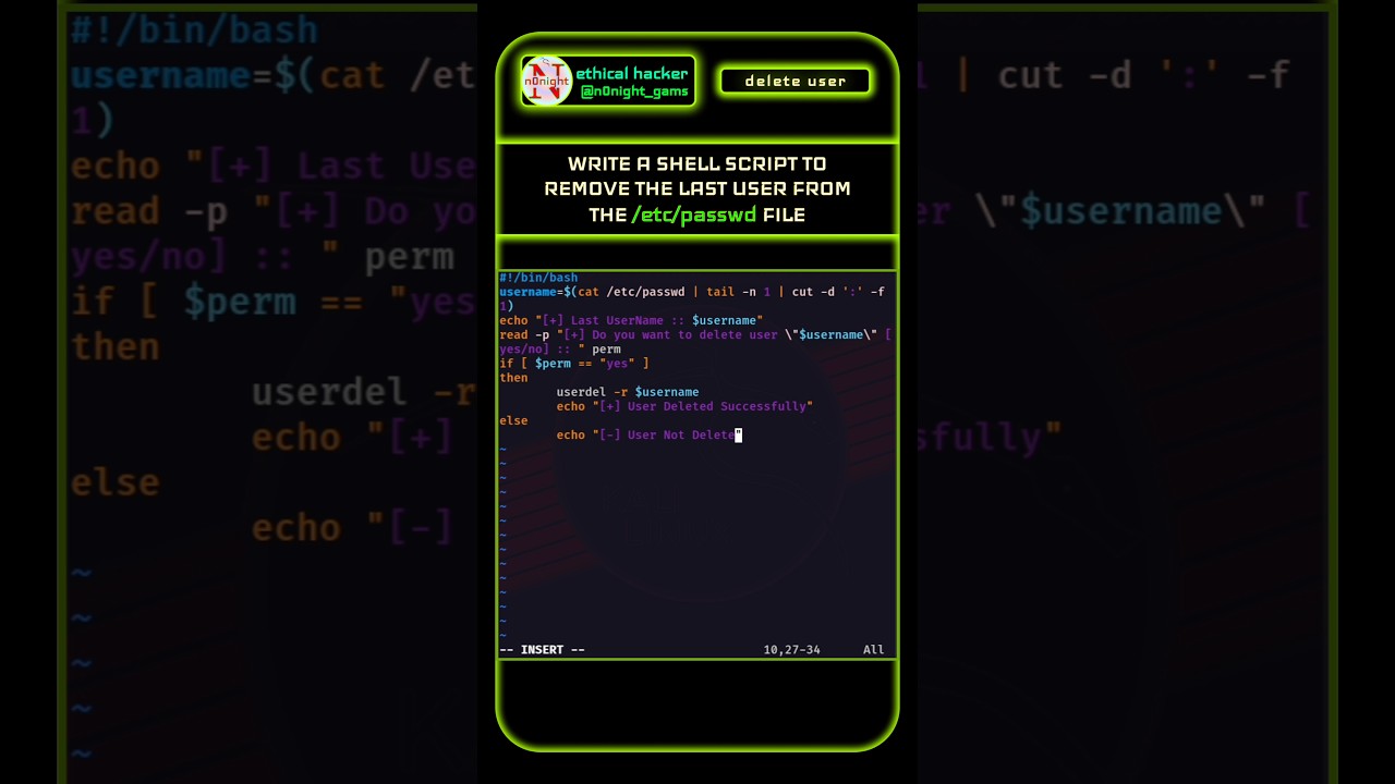 Shell Script to Delete Last User from /etc/passwd file #bashscripting #nonightgams #usermanagement