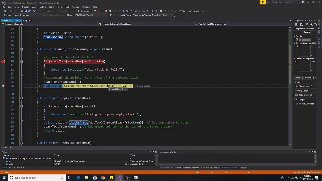 How to use a single array to implement three stacks in C#