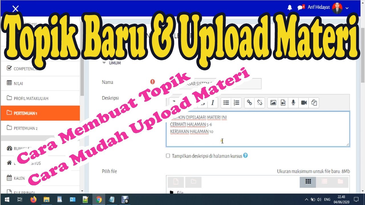CARA MEMBUAT TOPIK DAN UPLOAD MATERI DI SISTEM PEMBELAJARAN DARING SPADA MOODLE