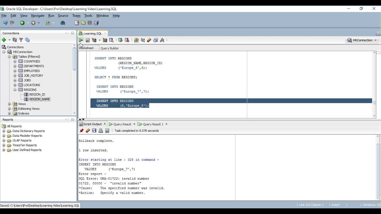 Using Insert Statement (1) and Commit, Rollback