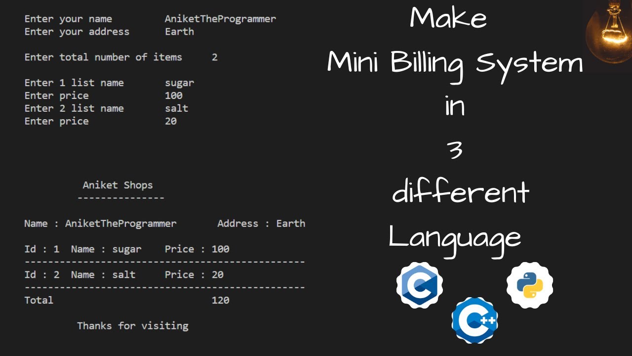 Billing System 3 Different Programming language || C , Cpp , Python