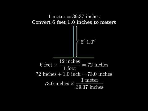 What is the height in meters of a person who is 6 ft 1.0 in. tall? (Assume that 1 meter equals 39.37