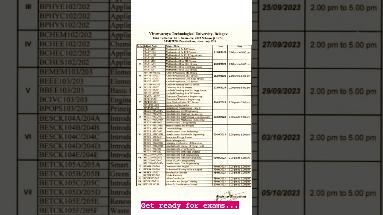vtu 2nd sem time table 2023