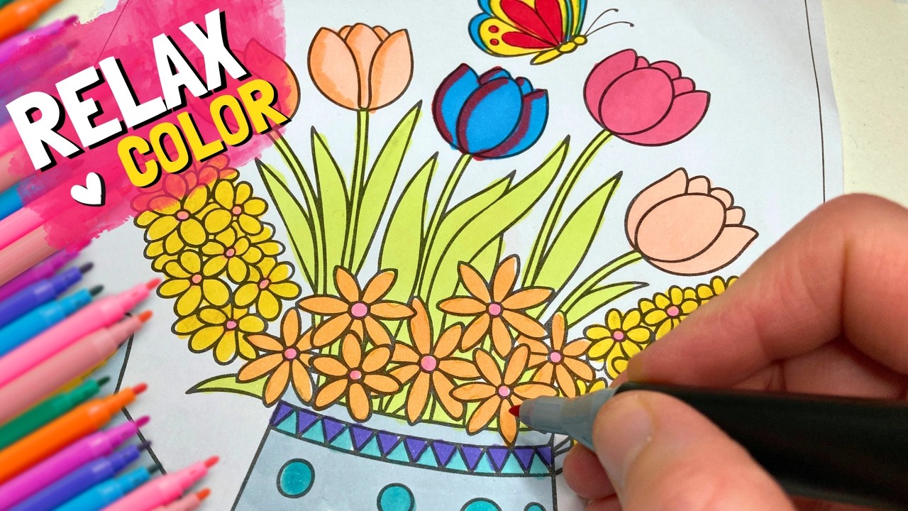 Relaxing Flower Coloring ASMR 🌷 | Cute Spring Coloring Page (Free Printable PDF)
