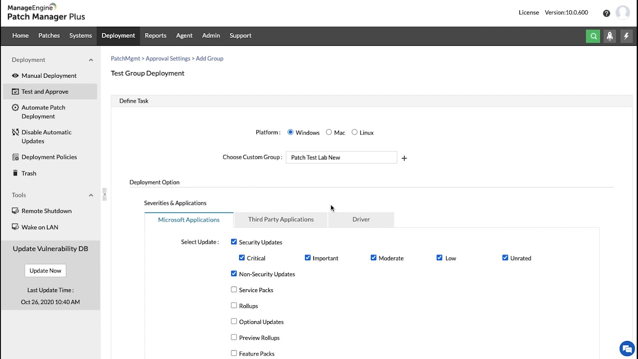 Automate the patch testing process with ManageEngine Patch Manager Plus