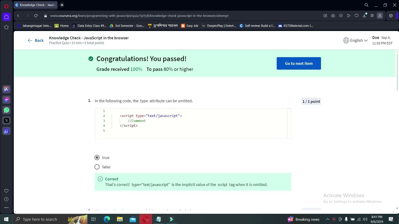 Knowledge Check - JavaScript in the browser Coursera | Programming with JavaScript Meta