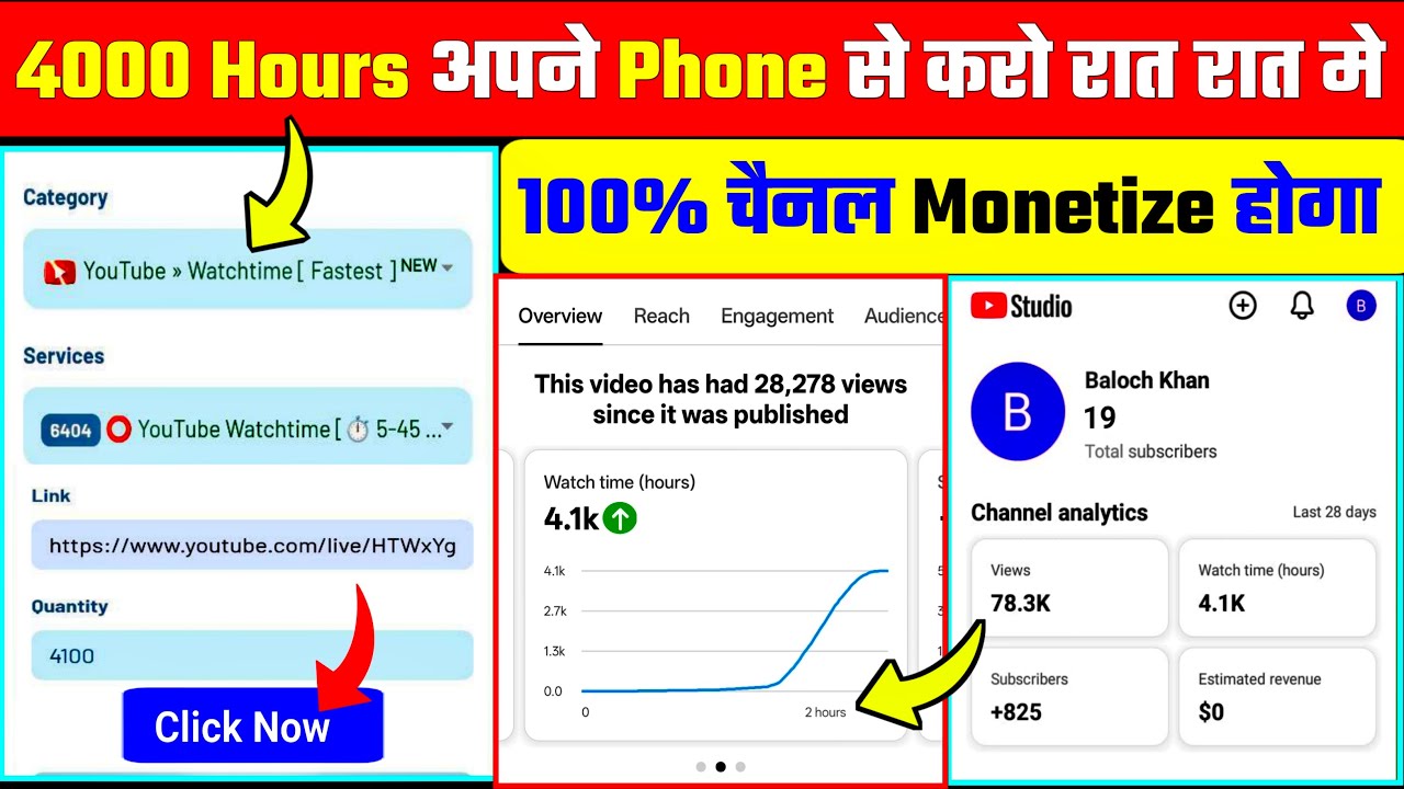 अब Mobile से Complete करे 4000 घंटा 2 घंटे में 🔥 Watch time kaise badhaye | 4k watch time kaise Kare