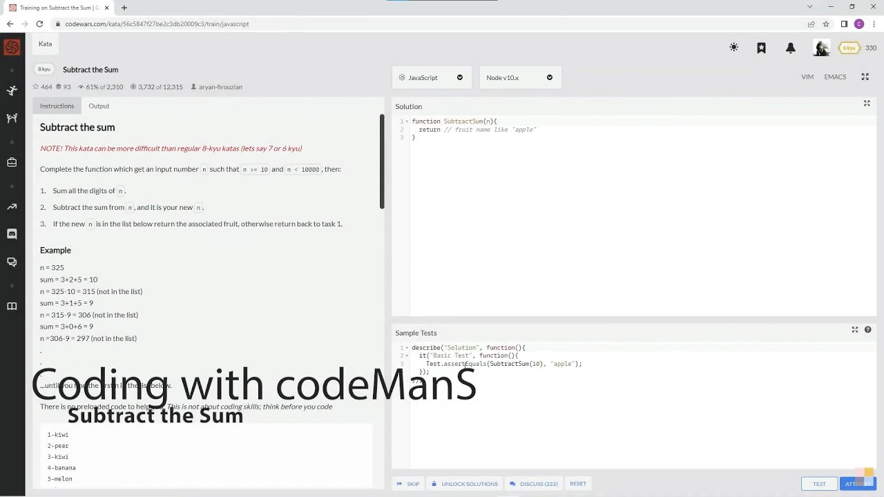 (Archived) Codewars 8 kyu Subtract the Sum JavaScript
