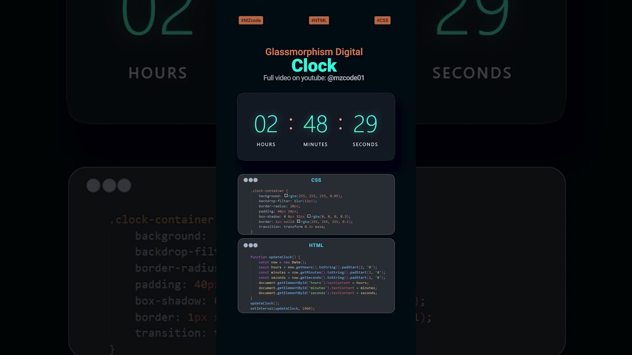 🕒 Digital Clock with Glowing Neon Effects  | CSS  JavaScript Tutorial | mzcode01