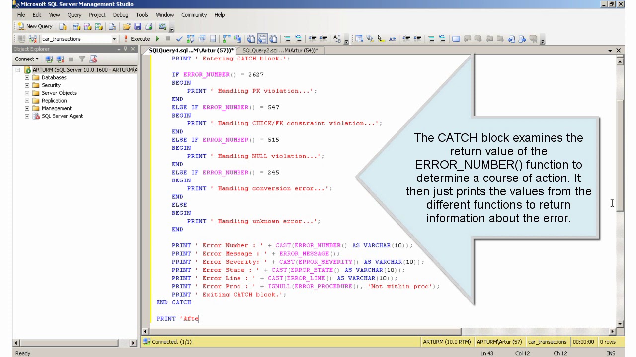 T-SQL tutorial: Error Handling, Full SQL Server Transact-SQL Course, Introduction (Lesson 9)