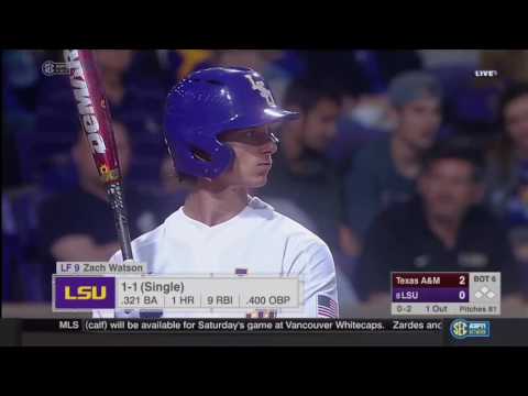 LSU baseball player Zach Watson breaks his bat