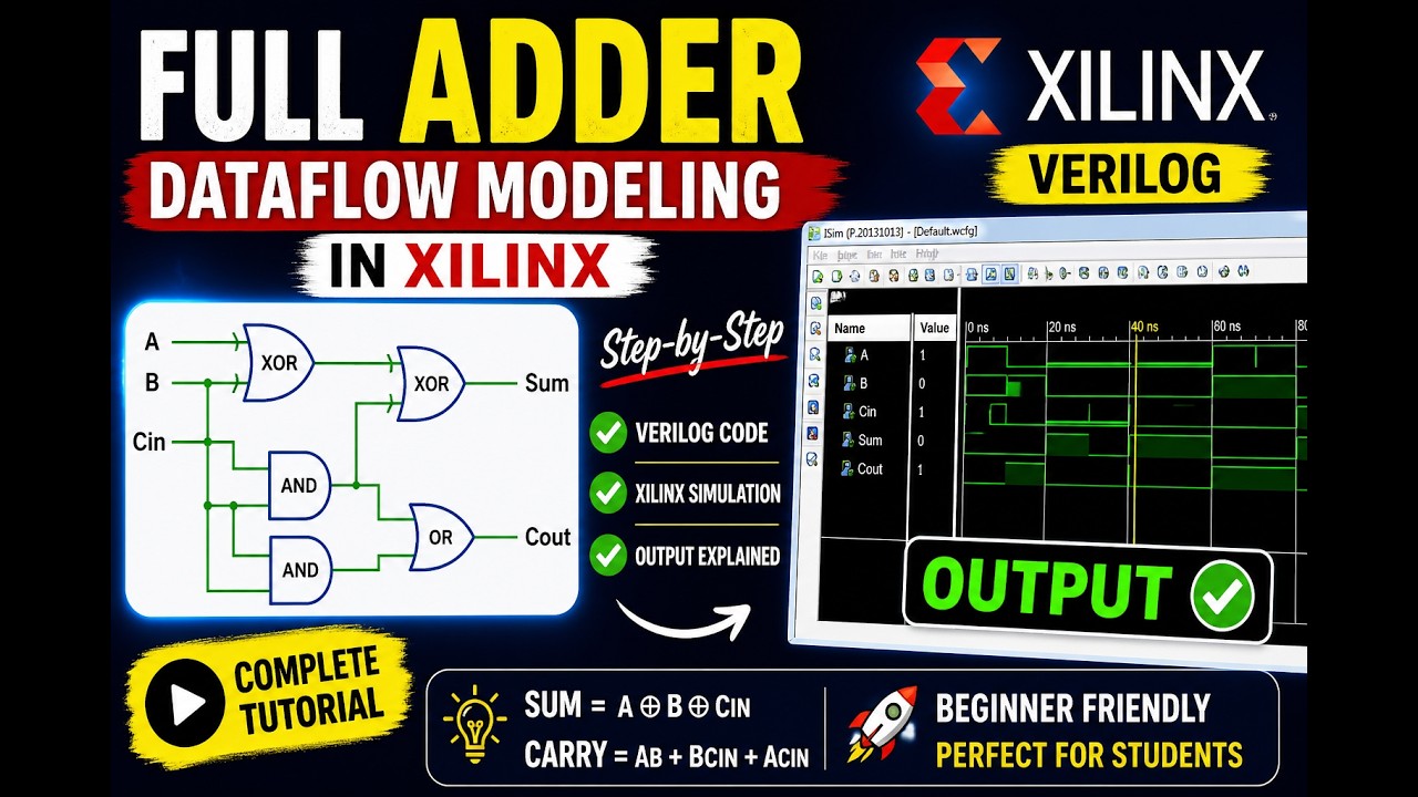 Full Adder Dataflow Modeling in Xilinx | Verilog Simulation & Output Explained