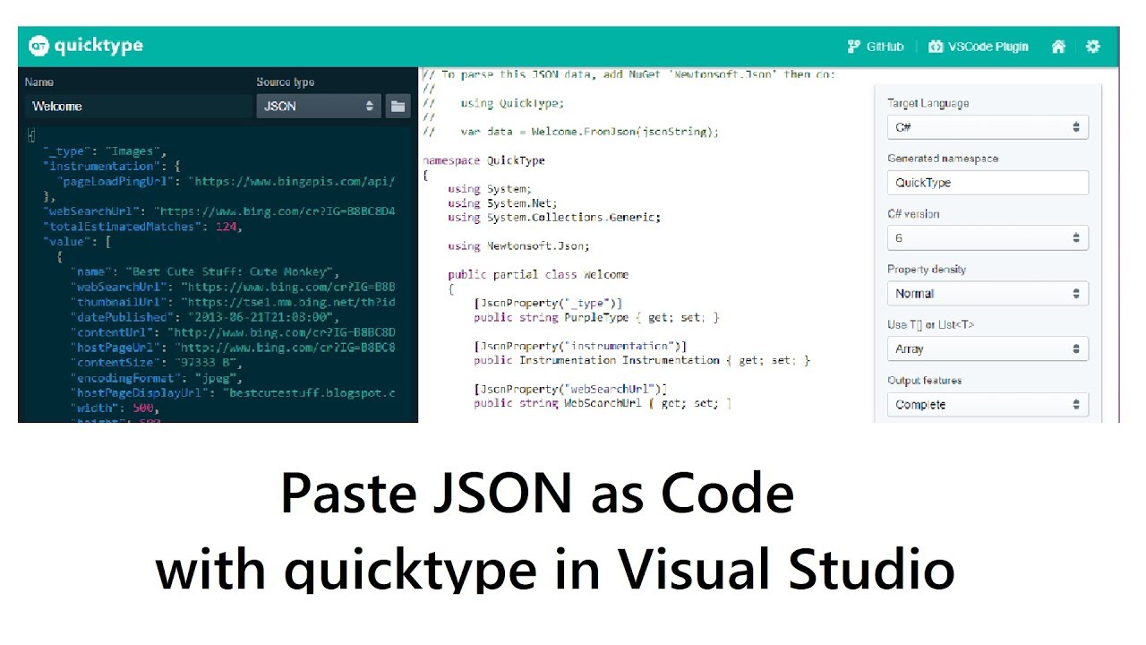 Paste JSON as Code with quicktype.io in Visual Studio