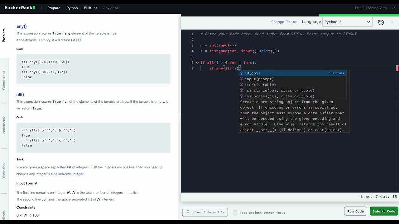 Hackerrank Python Solution  #4 Built Ins - Python: Any or All