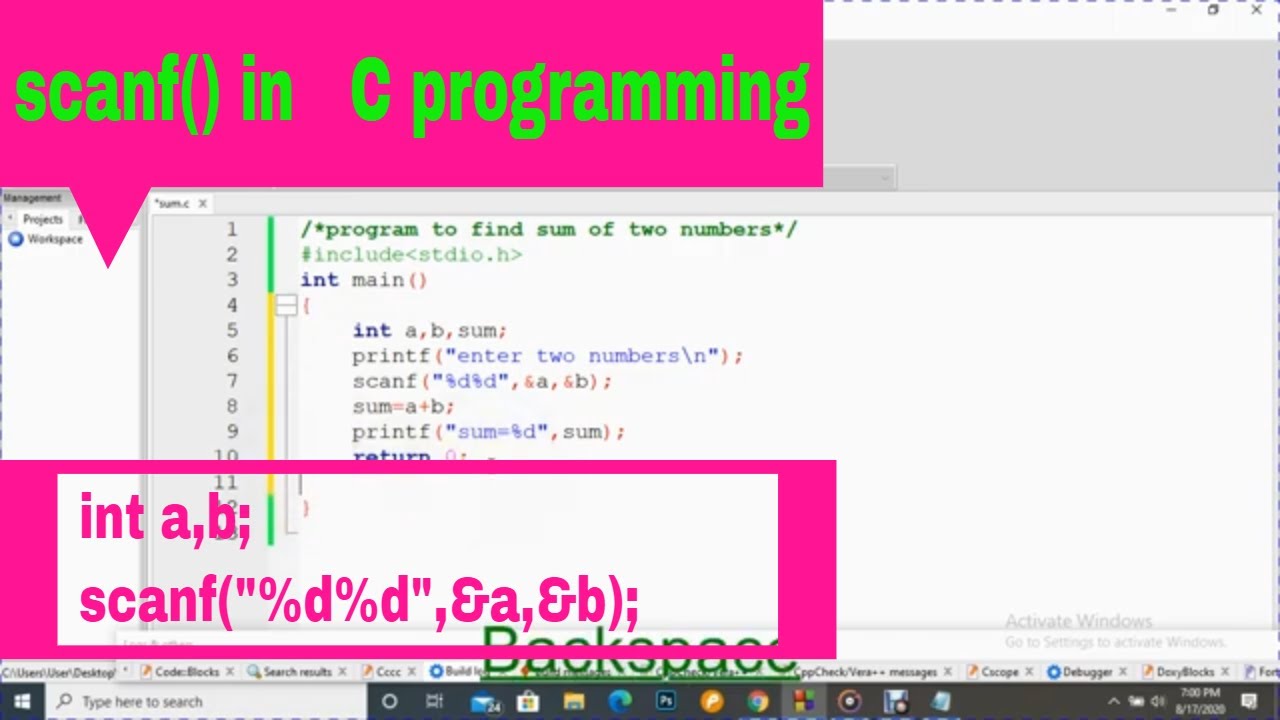 how to do input in C program? We use scanf() function for input.(part 7)