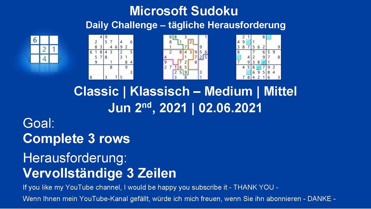 Sudoku Classic - Medium | Jun 2, 2021 | Goal: Complete 3 rows