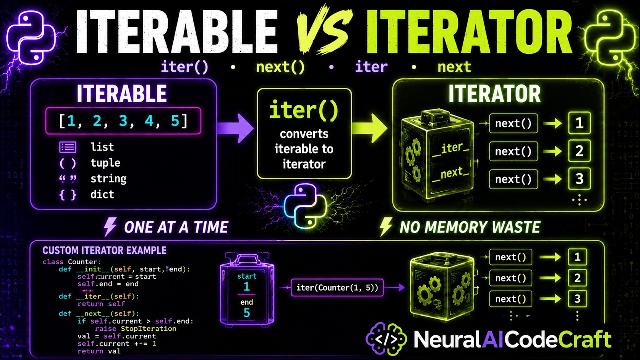 Python Iterable vs Iterator: iter() & next() – The Secret Behind for Loop + Custom Iterator Tutorial