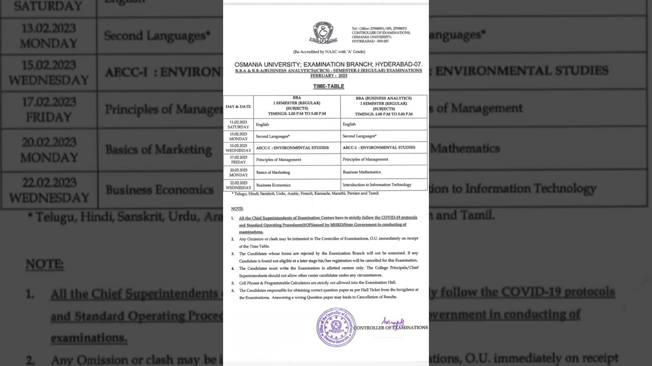 OU 1st SEMESTER B.B.A & B.B.A(Business Analytics) Examination Time Table 2023