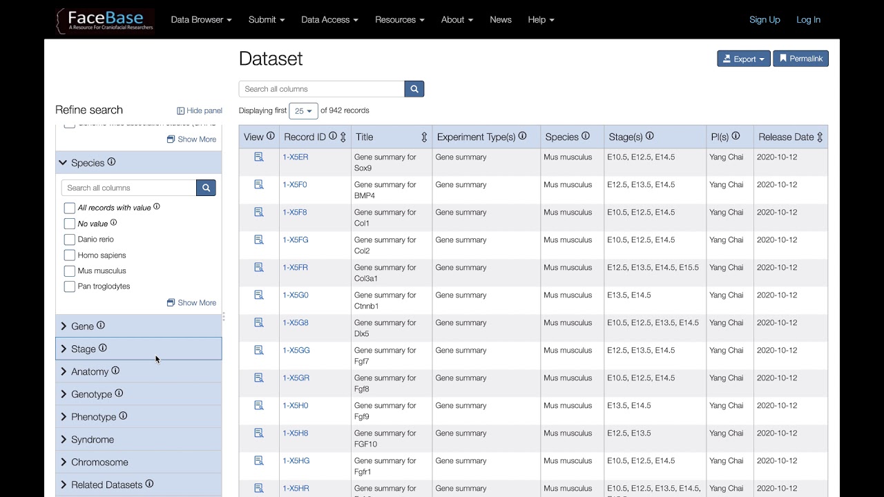 Filtering data in FaceBase