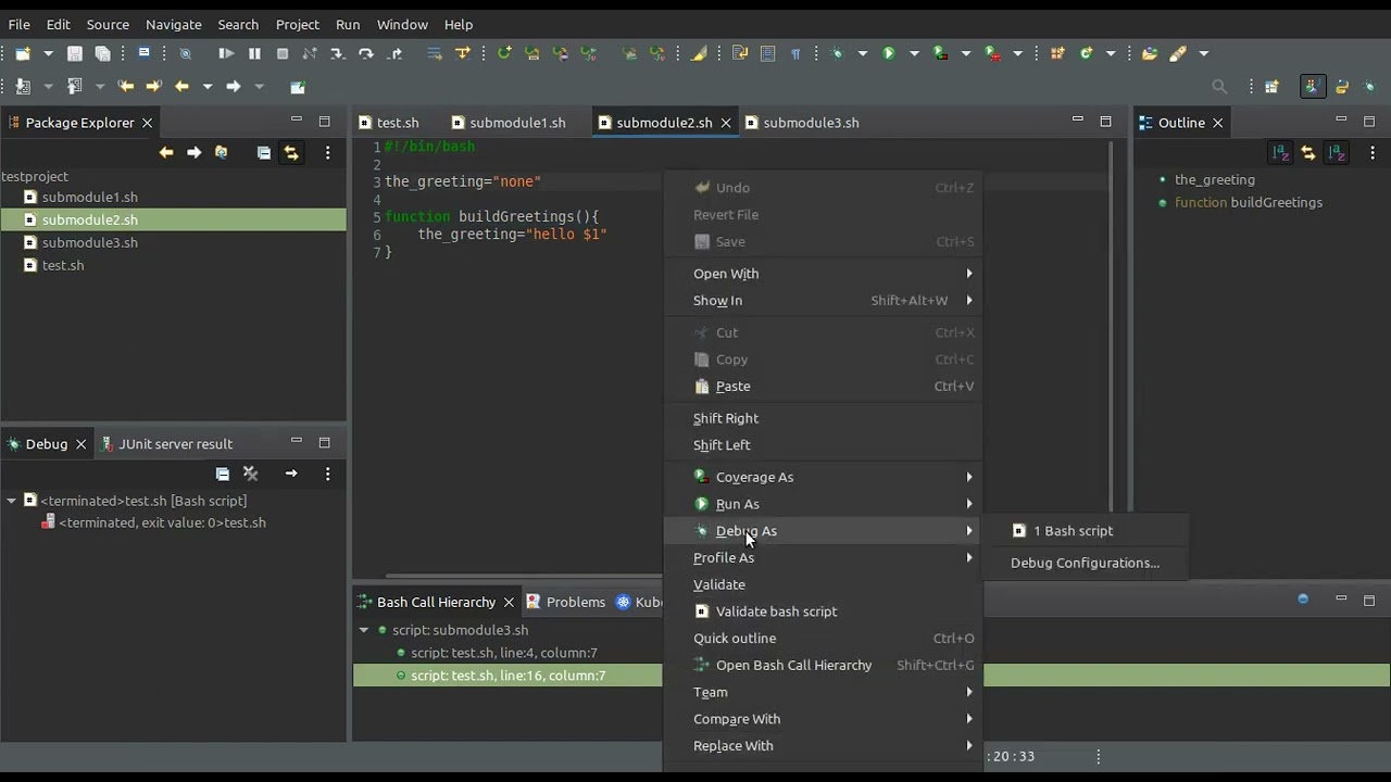 eclipse bash editor plugin callhierarchy howto use