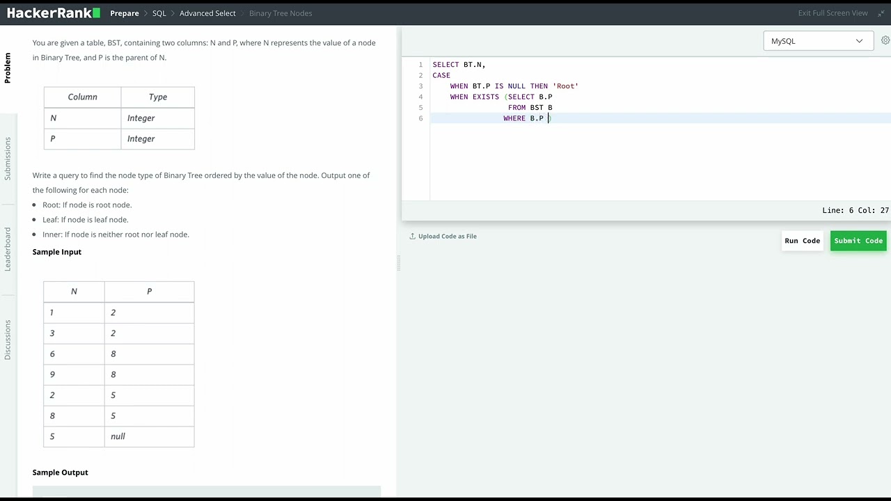 Hackerrank SQL Solution #2 Intermediate SQL - Binary Tree Nodes