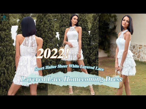 Short Halter Sheer White Layered Lace Homecoming Dress 2022 April | ZAPAKA