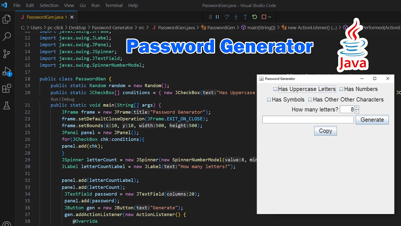 Creating a GUI Password Generator in Java (no voice over)
