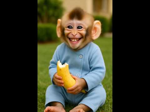 baby monkey eating banana ๐๐