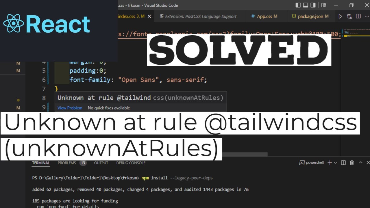 unknown at rule @tailwindcss(unknownatrules) react | SOLVED in Visual Studio Code Editor